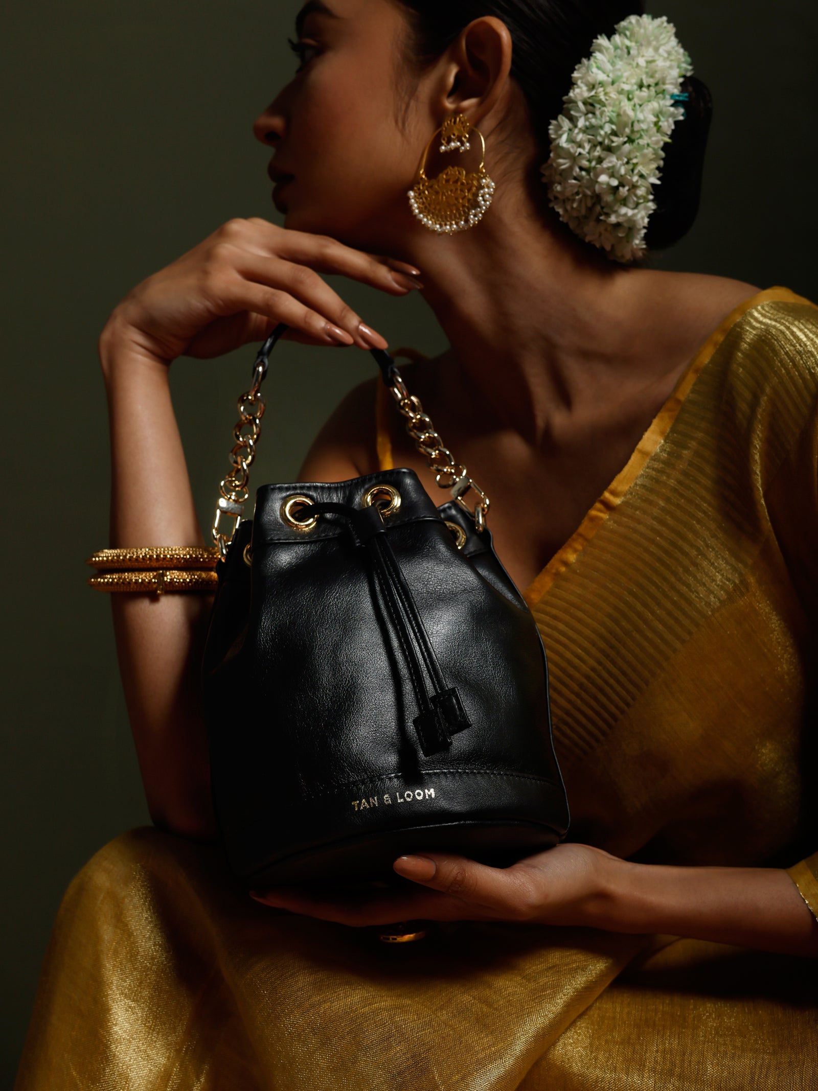 Bombay Bucket by Tan & Loom I Classic Black Leather Bucket Bag