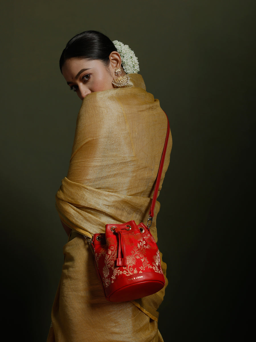 Bombay Bucket by Tan & Loom | Bridal Red Banarasi Brocade Bucket Bag ...